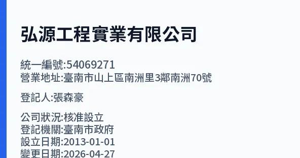 弘源工程實業有限公司的照片-統編 54069271(臺南市) 公司登記資料與營業項目詳細圖表