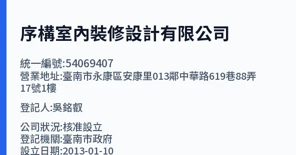 序構室內裝修設計有限公司的照片-統編 54069407(臺南市) 公司登記資料與營業項目詳細圖表