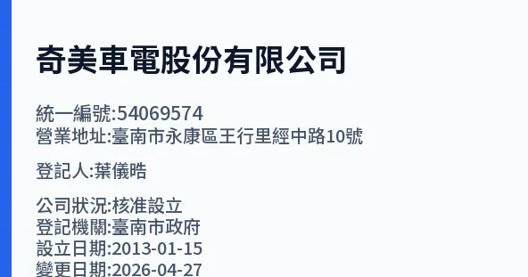奇美車電股份有限公司的照片-統編 54069574(臺南市) 公司登記資料與營業項目詳細圖表