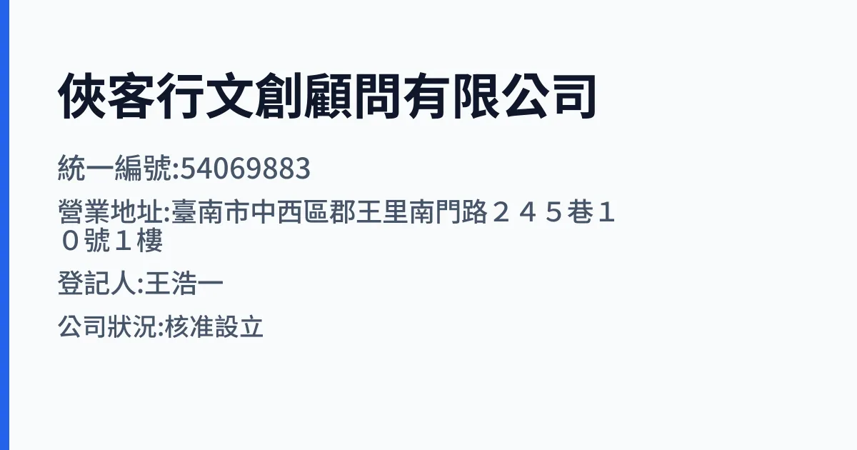 俠客行文創顧問有限公司 - 統編 54069883(臺南市) 公司登記資料與營業項目詳細圖表