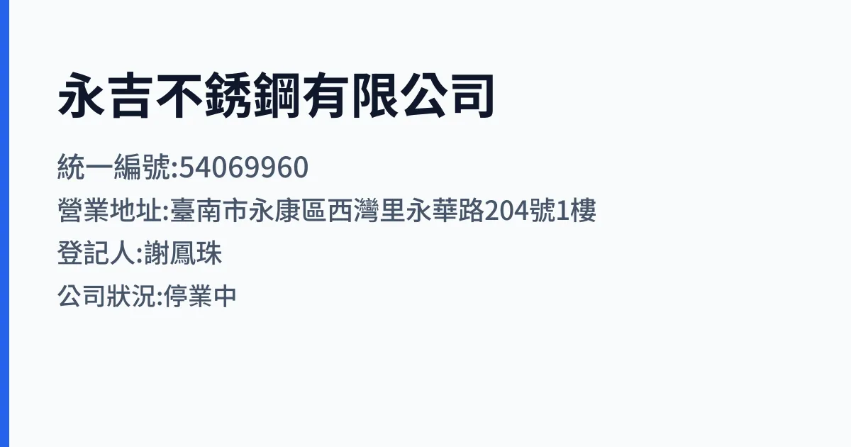 永吉不銹鋼有限公司 - 統編 54069960(臺南市) 公司登記資料與營業項目詳細圖表