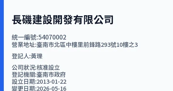 長磯建設開發有限公司的照片-統編 54070002(臺南市) 公司登記資料與營業項目詳細圖表