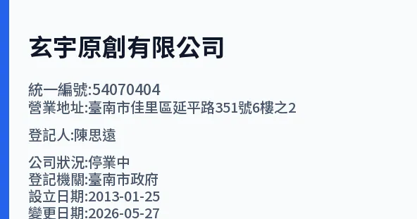 玄宇原創有限公司的照片-統編 54070404(臺南市) 公司登記資料與營業項目詳細圖表