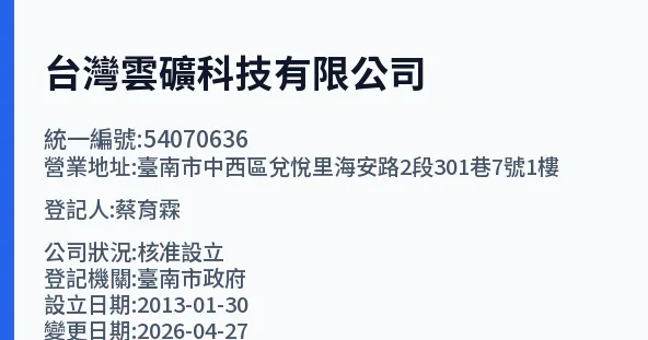 台灣雲礦科技有限公司的照片-統編 54070636(臺南市) 公司登記資料與營業項目詳細圖表