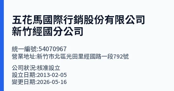 五花馬國際行銷股份有限公司新竹經國分公司的照片-統編 54070967(新竹市) 公司登記資料與營業項目詳細圖表