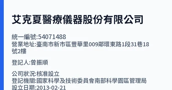 艾克夏醫療儀器股份有限公司的照片-統編 54071488(臺南市) 公司登記資料與營業項目詳細圖表