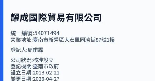 耀成國際貿易有限公司的照片-統編 54071494(臺南市) 公司登記資料與營業項目詳細圖表