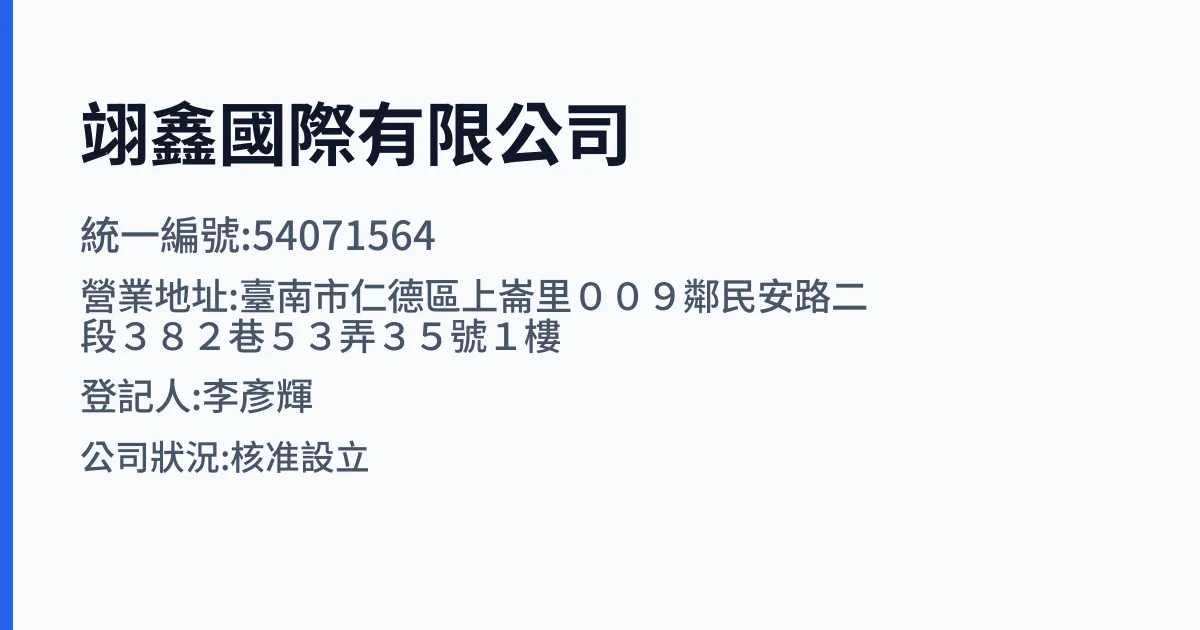 翊鑫國際有限公司 - 統編 54071564(臺南市) 公司登記資料與營業項目詳細圖表