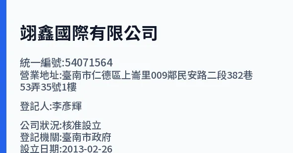 翊鑫國際有限公司的照片-統編 54071564(臺南市) 公司登記資料與營業項目詳細圖表