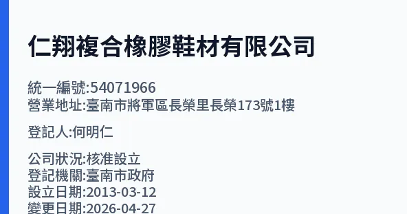 仁翔複合橡膠鞋材有限公司的照片-統編 54071966(臺南市) 公司登記資料與營業項目詳細圖表
