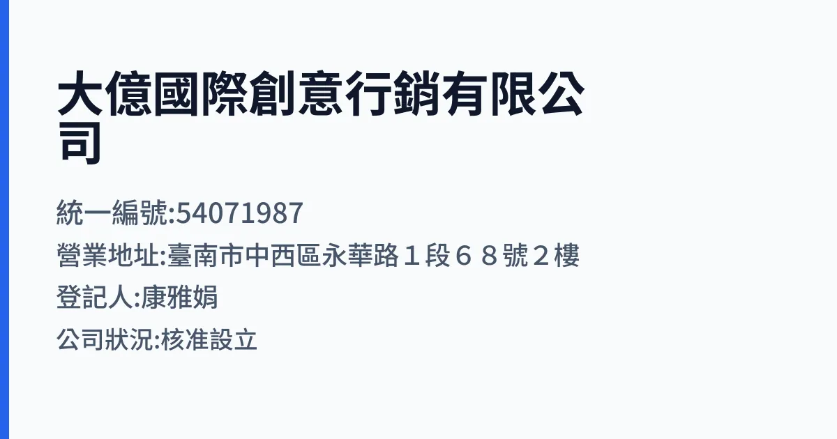 大億國際創意行銷有限公司 - 統編 54071987(臺南市) 公司登記資料與營業項目詳細圖表