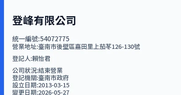 登峰有限公司的照片-統編 54072775(臺南市) 公司登記資料與營業項目詳細圖表