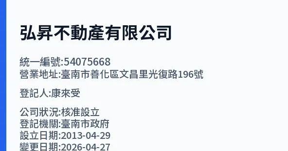 弘昇不動產有限公司的照片-統編 54075668(臺南市) 公司登記資料與營業項目詳細圖表