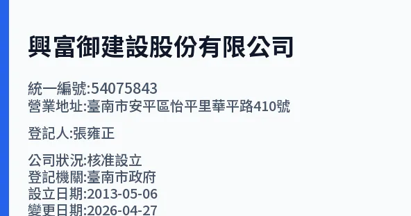興富御建設股份有限公司的照片-統編 54075843(臺南市) 公司登記資料與營業項目詳細圖表