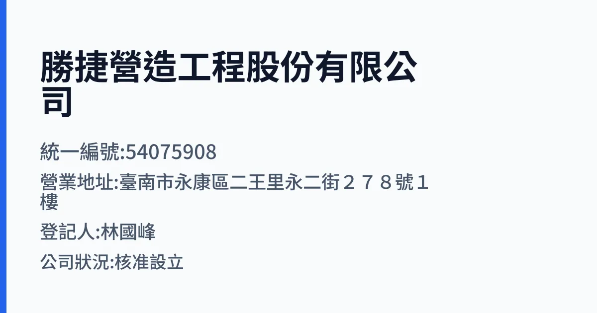 勝捷營造工程股份有限公司 - 統編 54075908(臺南市) 公司登記資料與營業項目詳細圖表