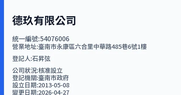 德玖有限公司的照片-統編 54076006(臺南市) 公司登記資料與營業項目詳細圖表