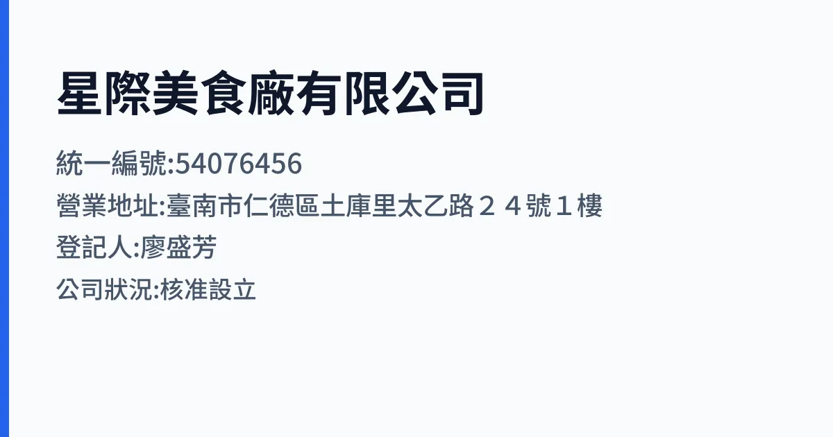 星際美食廠有限公司 - 統編 54076456(臺南市) 公司登記資料與營業項目詳細圖表