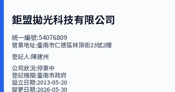 鉅盟拋光科技有限公司的照片-統編 54076809(臺南市) 公司登記資料與營業項目詳細圖表