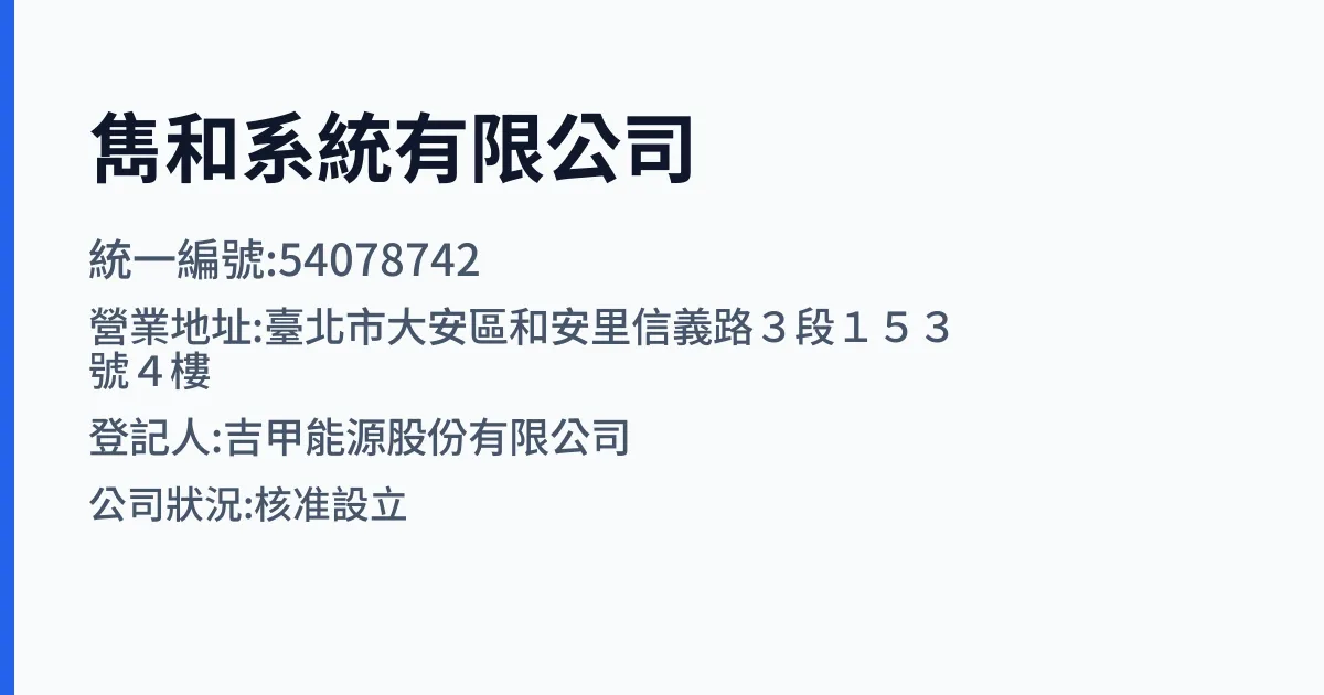 雋和系統有限公司 - 統編 54078742(臺北市) 公司登記資料與營業項目詳細圖表