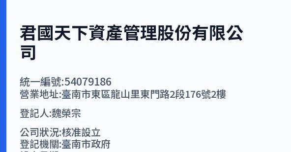 君國天下資產管理股份有限公司的照片-統編 54079186(臺南市) 公司登記資料與營業項目詳細圖表