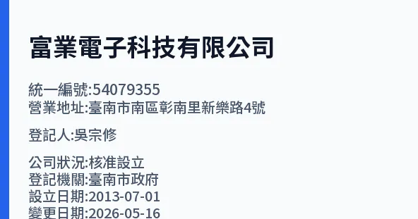 富業電子科技有限公司的照片-統編 54079355(臺南市) 公司登記資料與營業項目詳細圖表