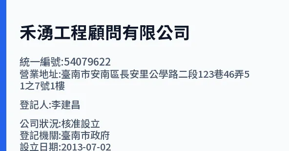禾湧工程顧問有限公司的照片-統編 54079622(臺南市) 公司登記資料與營業項目詳細圖表