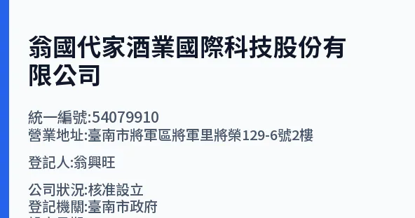 翁國代家酒業國際科技股份有限公司的照片-統編 54079910(臺南市) 公司登記資料與營業項目詳細圖表