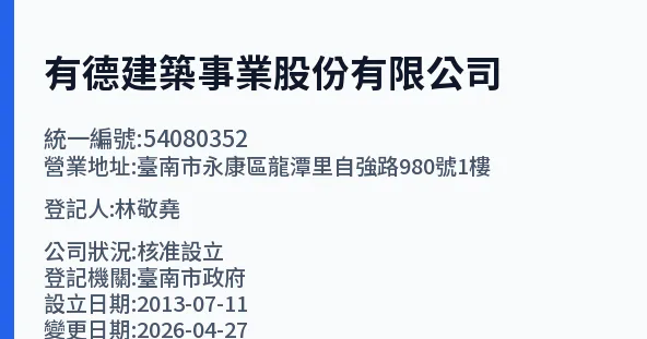 有德建築事業股份有限公司的照片-統編 54080352(臺南市) 公司登記資料與營業項目詳細圖表