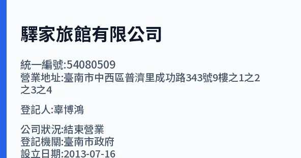 驛家旅館有限公司的照片-統編 54080509(臺南市) 公司登記資料與營業項目詳細圖表