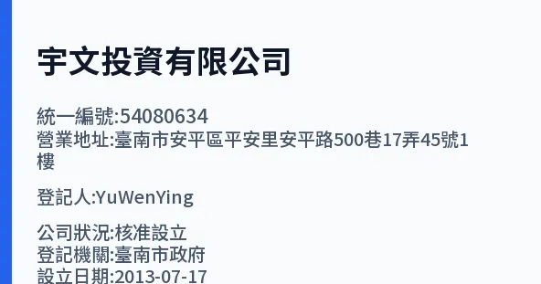 宇文投資有限公司的照片-統編 54080634(臺南市) 公司登記資料與營業項目詳細圖表
