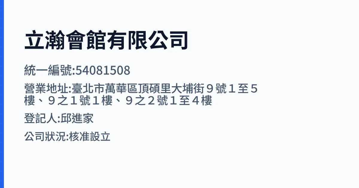 立瀚會館有限公司 - 統編 54081508(臺北市) 公司登記資料與營業項目詳細圖表