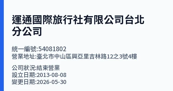 運通國際旅行社有限公司台北分公司的照片-統編 54081802(臺北市) 公司登記資料與營業項目詳細圖表