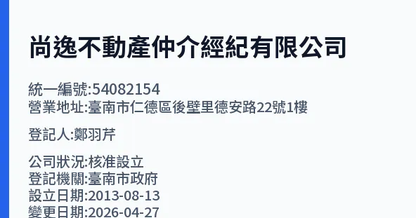 尚逸不動產仲介經紀有限公司的照片-統編 54082154(臺南市) 公司登記資料與營業項目詳細圖表