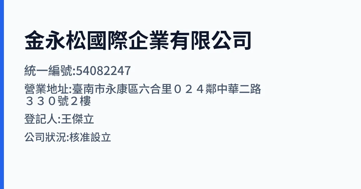 金永松國際企業有限公司 - 統編 54082247(臺南市) 公司登記資料與營業項目詳細圖表