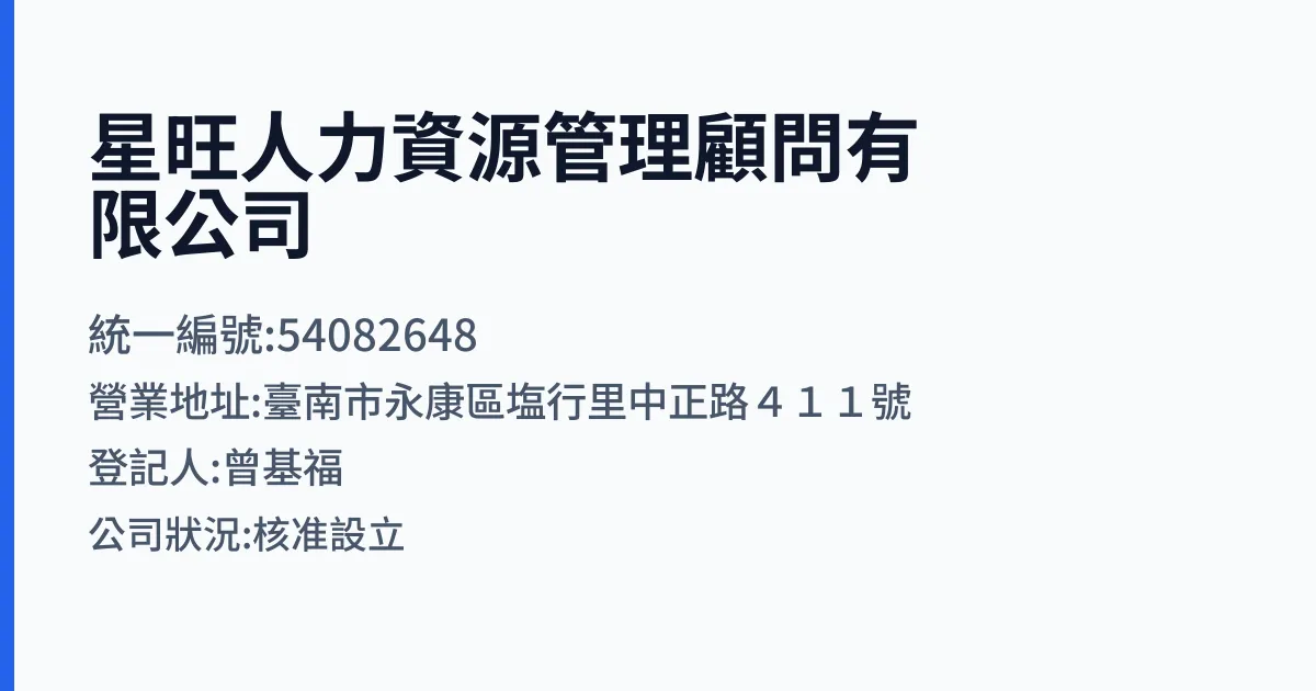 星旺人力資源管理顧問有限公司 - 統編 54082648(臺南市) 公司登記資料與營業項目詳細圖表