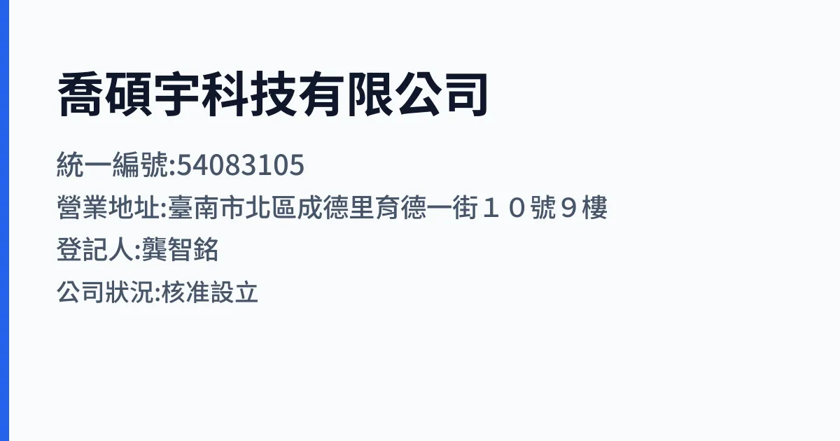 喬碩宇科技有限公司 - 統編 54083105(臺南市) 公司登記資料與營業項目詳細圖表
