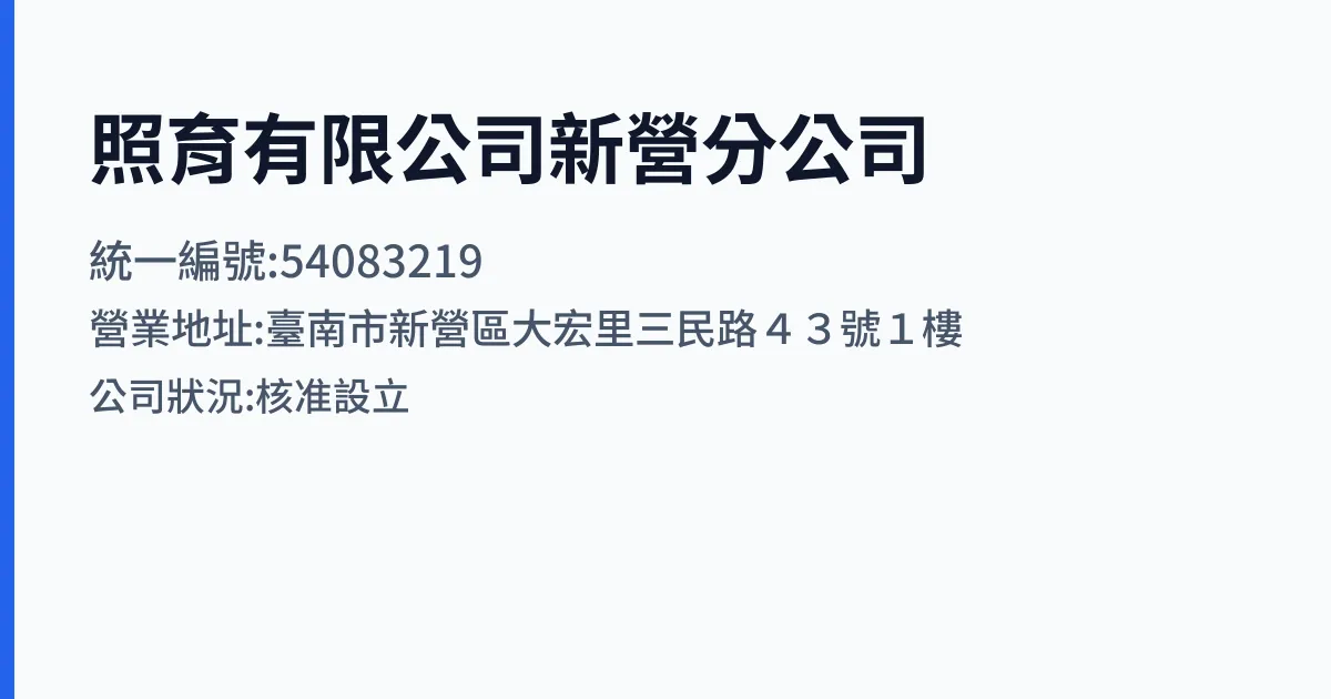 照育有限公司新營分公司 - 統編 54083219（臺南市） 公司登記資料與營業項目詳細圖表