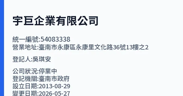宇巨企業有限公司的照片-統編 54083338(臺南市) 公司登記資料與營業項目詳細圖表