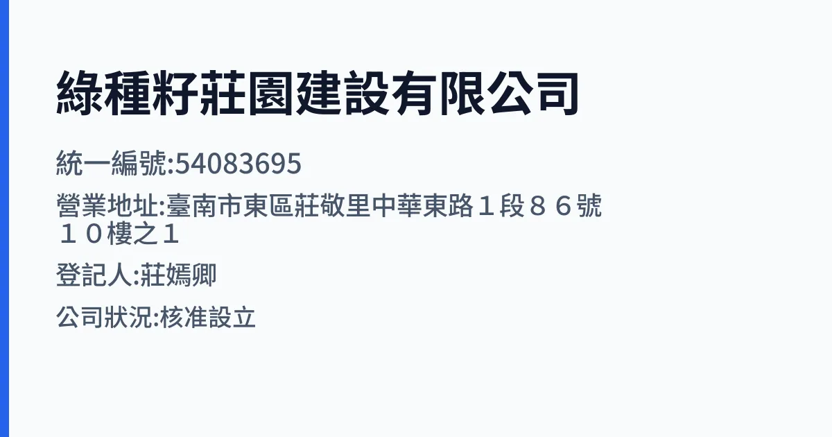 綠種籽莊園建設有限公司 - 統編 54083695(臺南市) 公司登記資料與營業項目詳細圖表