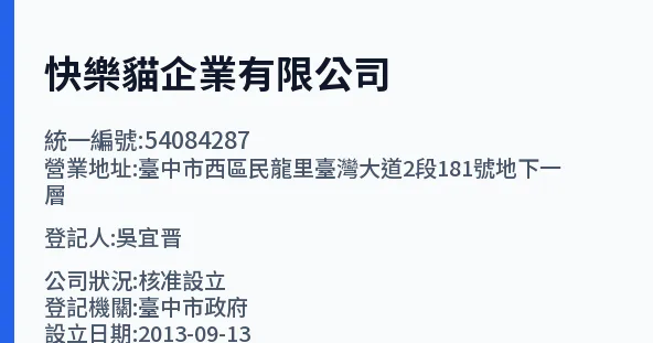 快樂貓企業有限公司的照片-統編 54084287(臺中市) 公司登記資料與營業項目詳細圖表