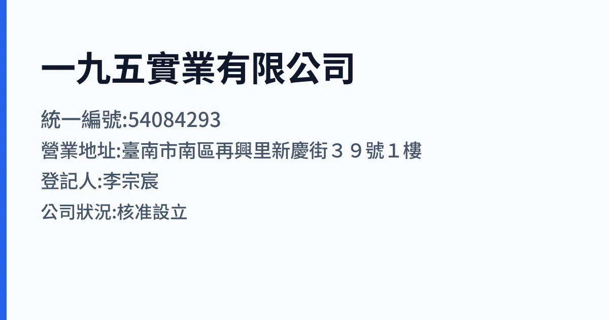 一九五實業有限公司 - 統編 54084293(臺南市) 公司登記資料與營業項目詳細圖表