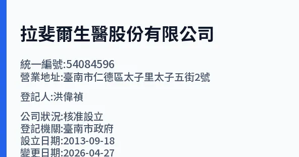 拉斐爾生醫股份有限公司的照片-統編 54084596(臺南市) 公司登記資料與營業項目詳細圖表