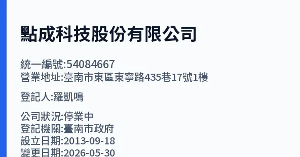 點成科技股份有限公司的照片-統編 54084667(臺南市) 公司登記資料與營業項目詳細圖表