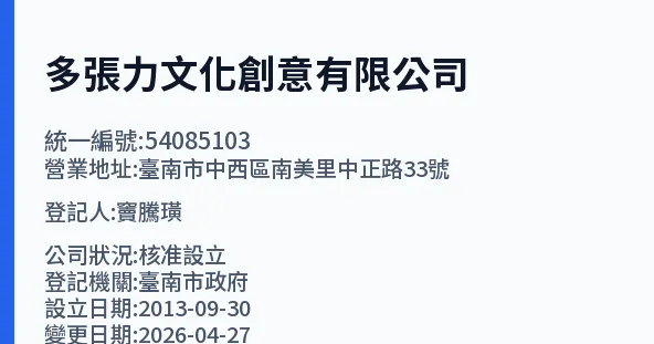 多張力文化創意有限公司的照片-統編 54085103(臺南市) 公司登記資料與營業項目詳細圖表