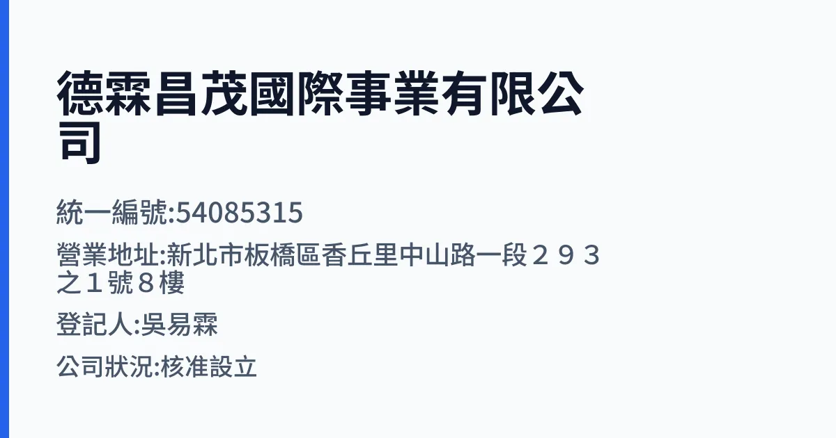 德霖昌茂國際事業有限公司 - 統編 54085315(新北市) 公司登記資料與營業項目詳細圖表