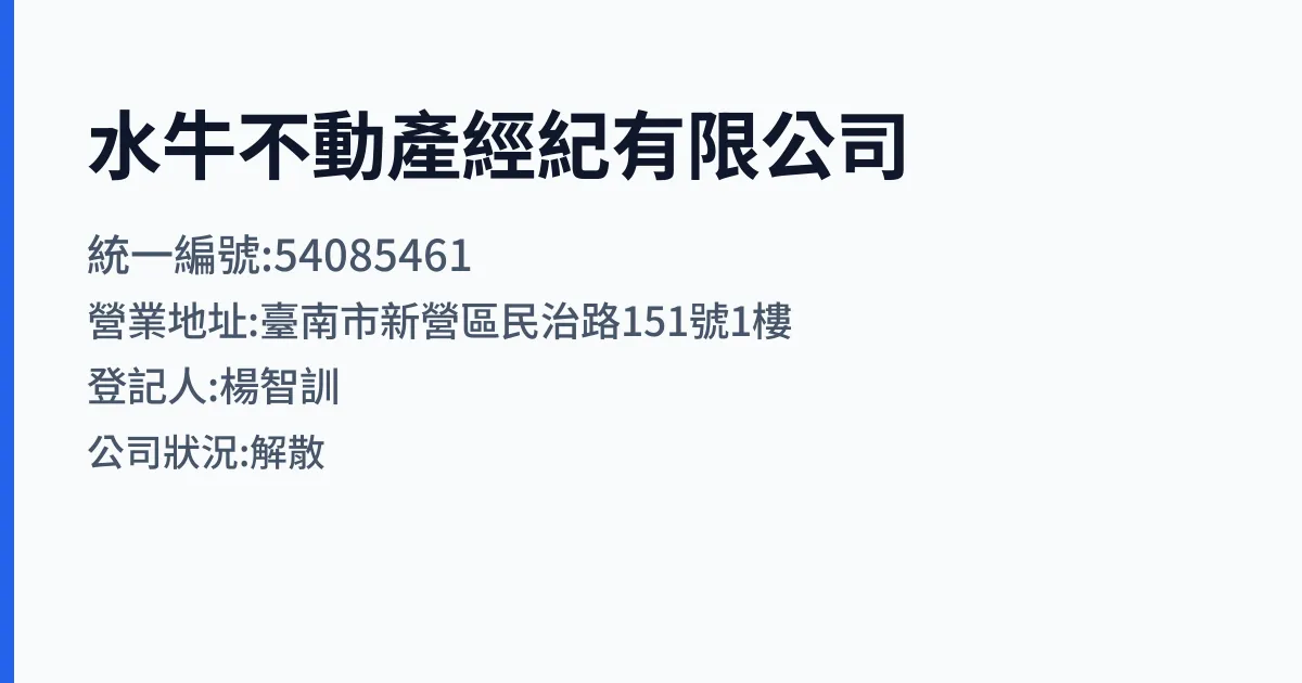 水牛不動產經紀有限公司 - 統編 54085461(臺南市) 公司登記資料與營業項目詳細圖表