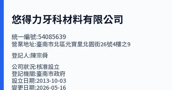 悠得力牙科材料有限公司的照片-統編 54085639(臺南市) 公司登記資料與營業項目詳細圖表