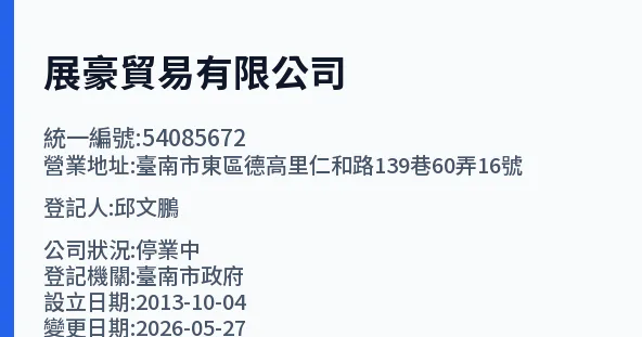 展豪貿易有限公司的照片-統編 54085672(臺南市) 公司登記資料與營業項目詳細圖表