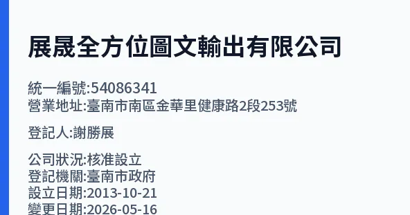 展晟全方位圖文輸出有限公司的照片-統編 54086341(臺南市) 公司登記資料與營業項目詳細圖表
