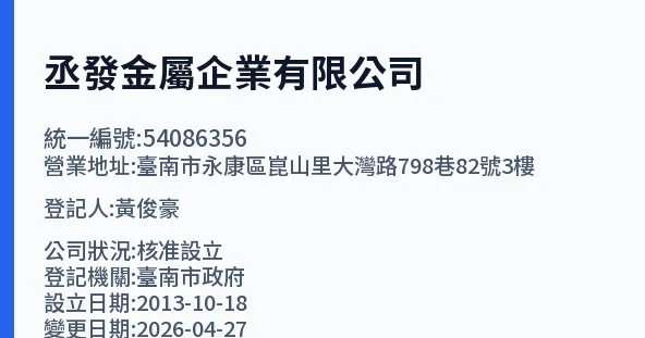 丞發金屬企業有限公司的照片-統編 54086356(臺南市) 公司登記資料與營業項目詳細圖表